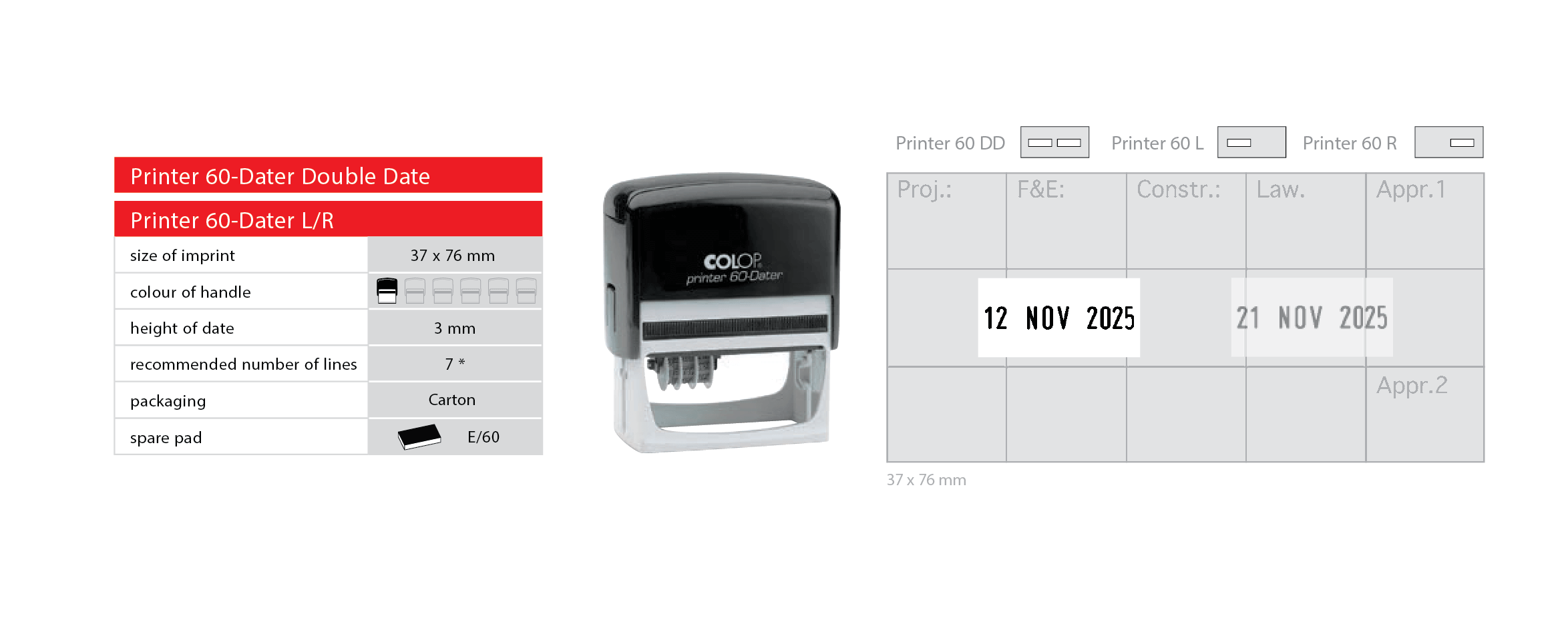 Colop Printer 60H Custom 3mm Date Stamp 76 x 37mm Horizontal